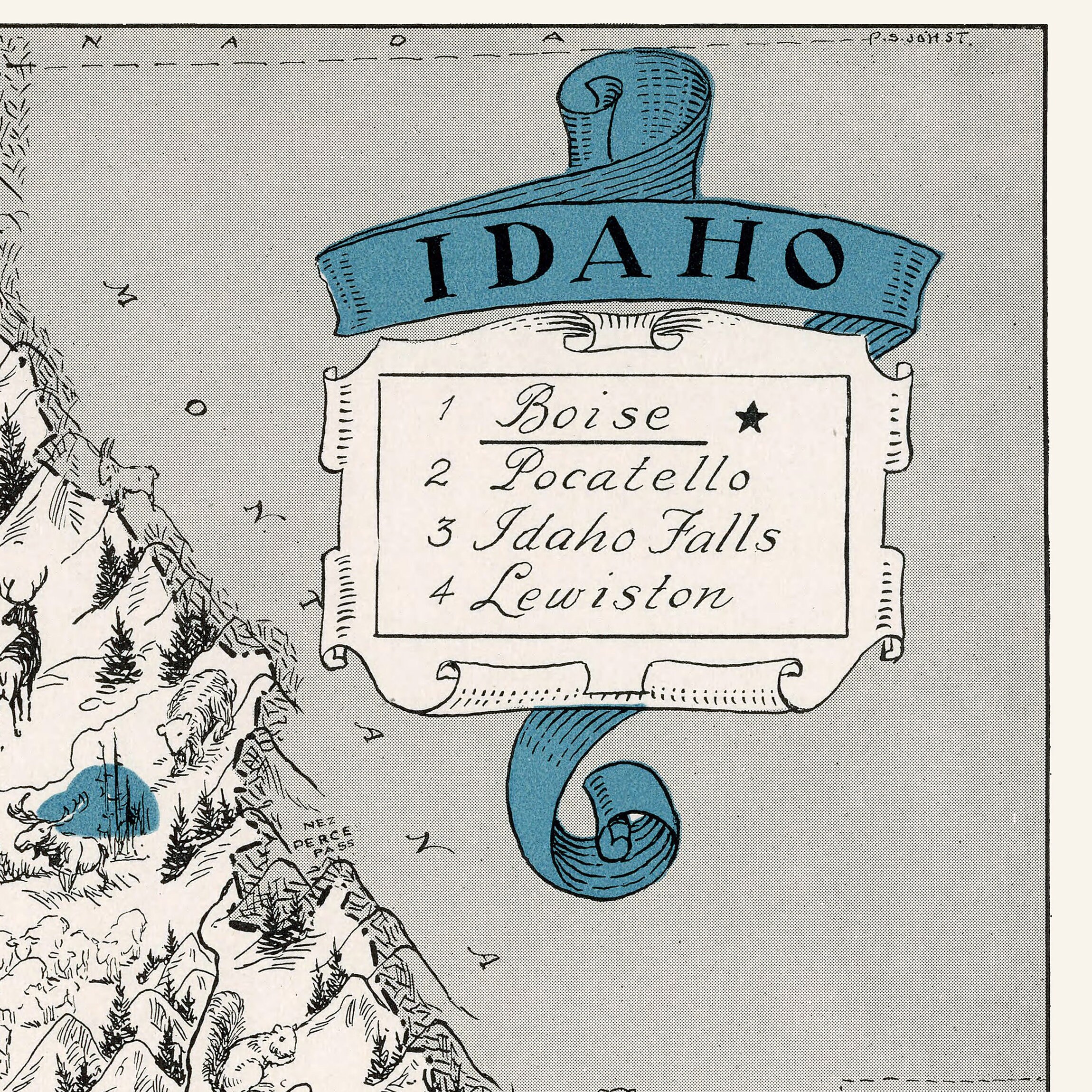 Fun Map of Idaho Vintage Pictorial Whimsical Cartoon Print Illustration ...