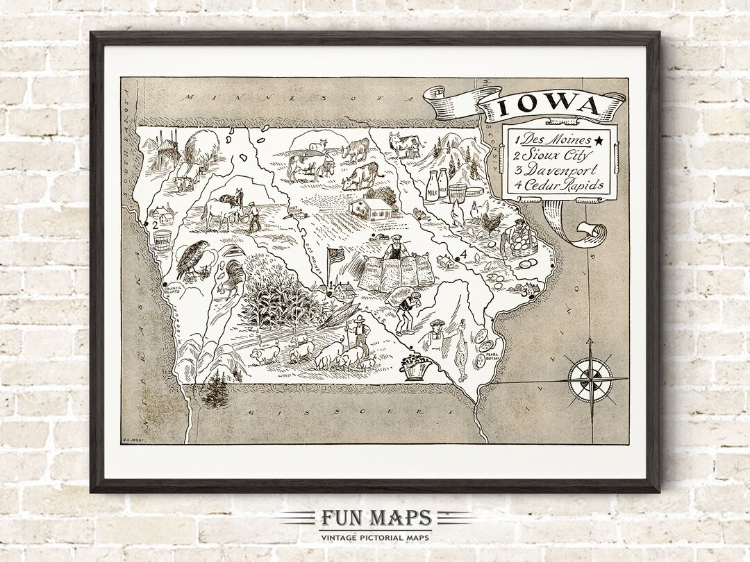 Vintage State Map of Iowa – Fun Pictorial Whimsical Cartoon Print ...