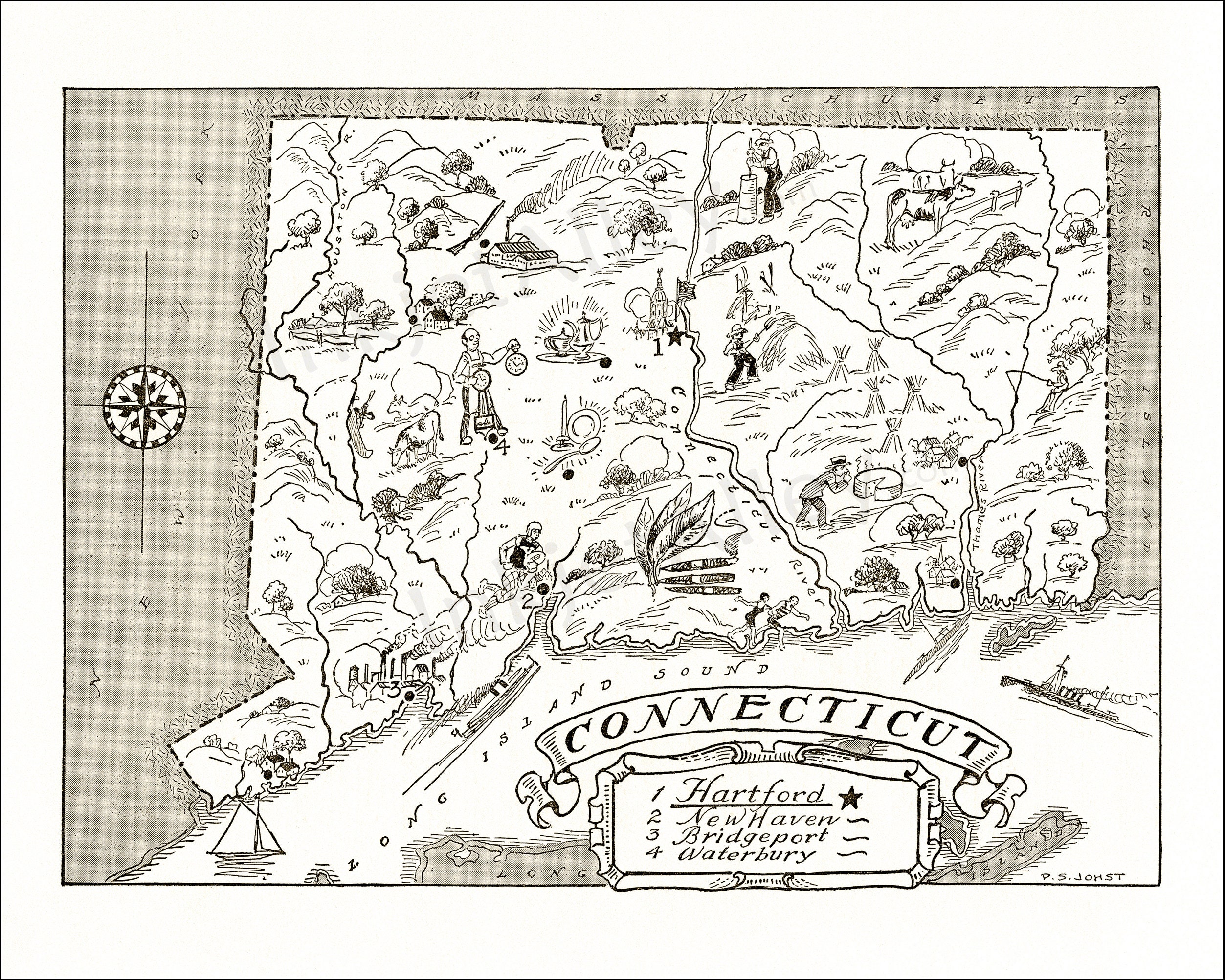 Vintage State Map of Connecticut – Fun Pictorial Whimsical Cartoon ...