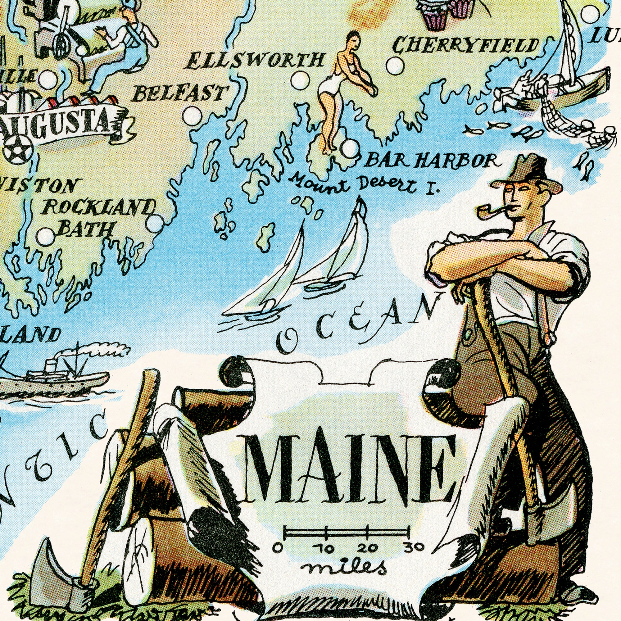 Fun State Map of Maine – Vintage Pictorial Whimsical Cartoon Print ...