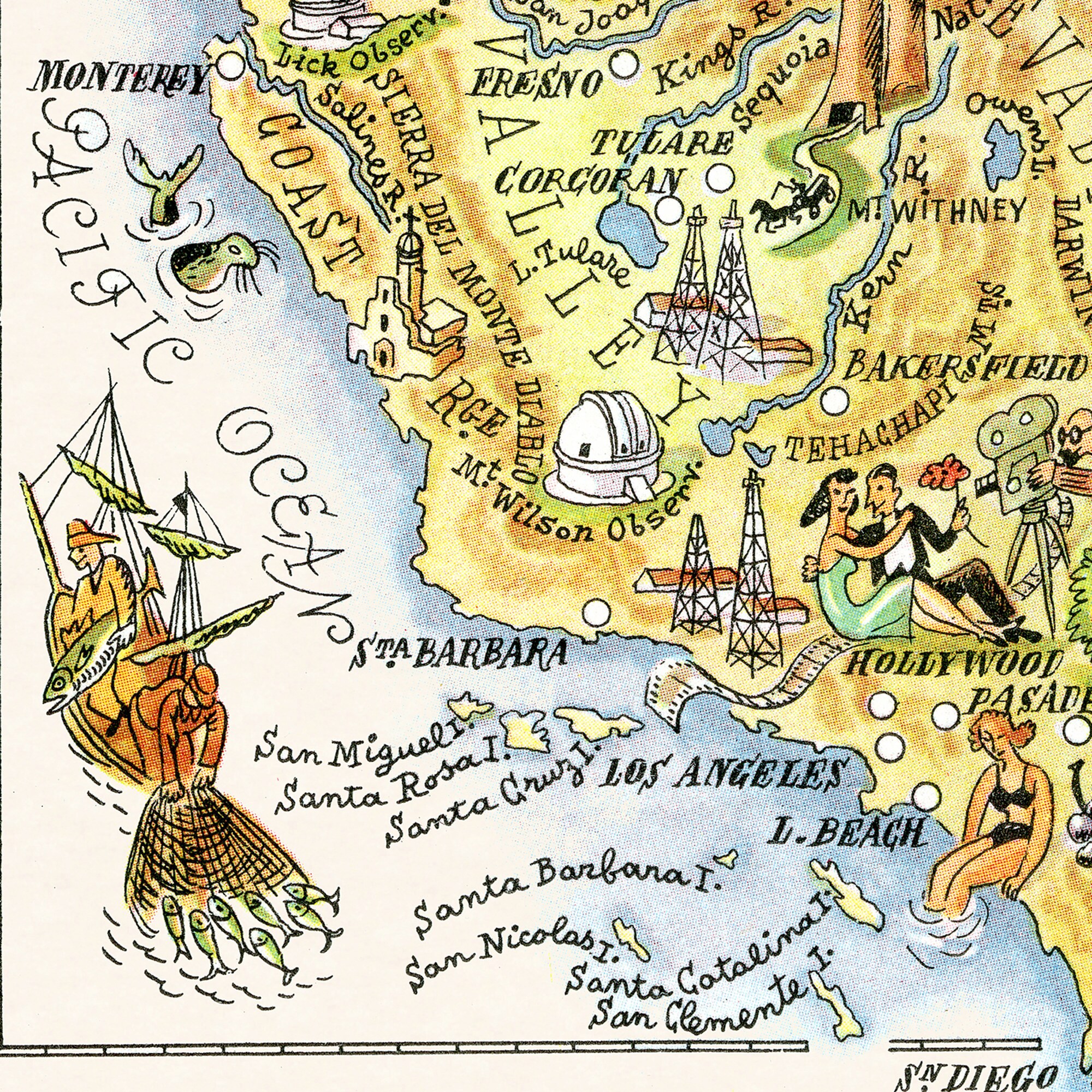 Fun State Map of California Vintage Pictorial Whimsical Cartoon Print ...