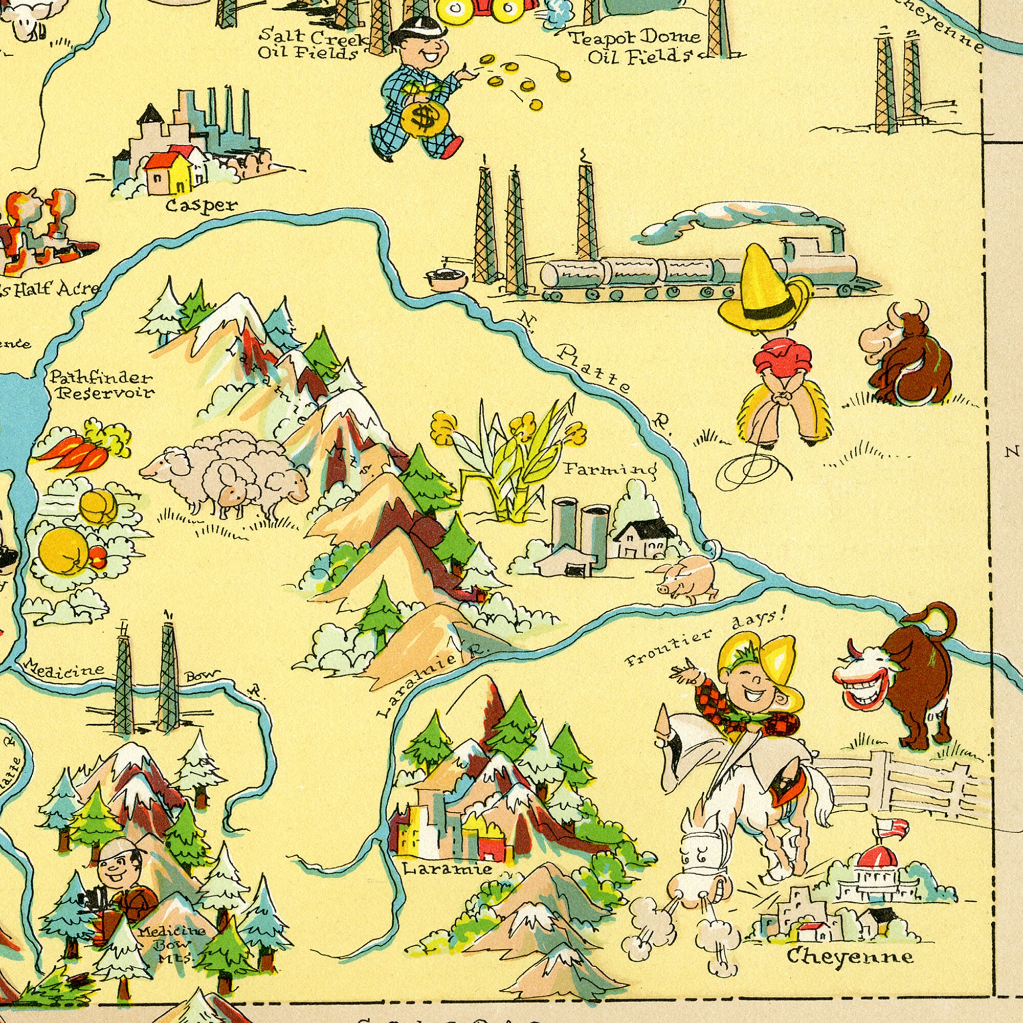 Fun State Map of Wyoming – Vintage Pictorial Whimsical Cartoon Print ...
