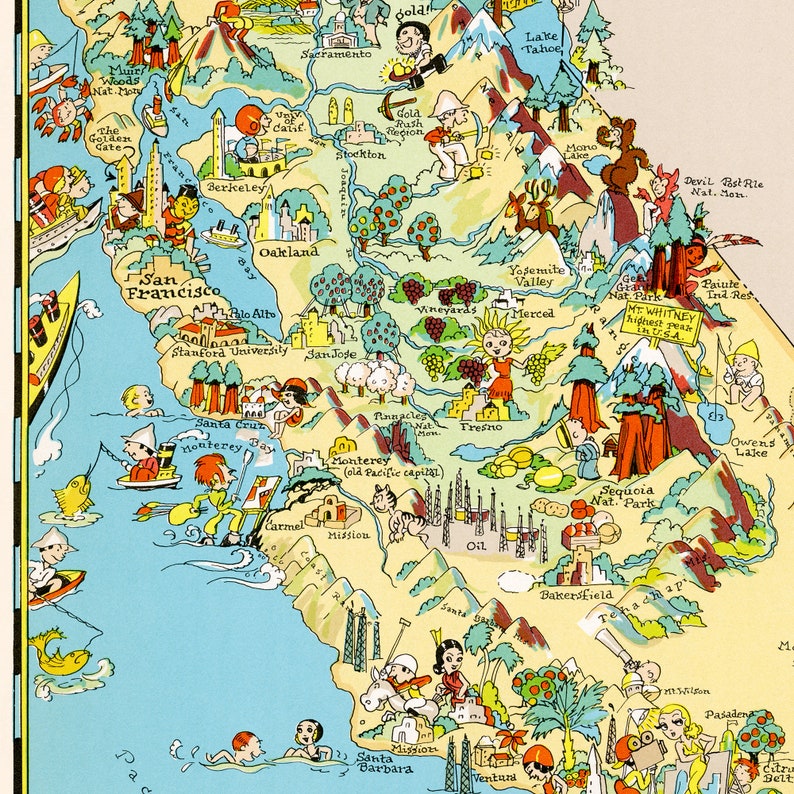 Fun State Map of California – Vintage Pictorial Whimsical Cartoon Print ...
