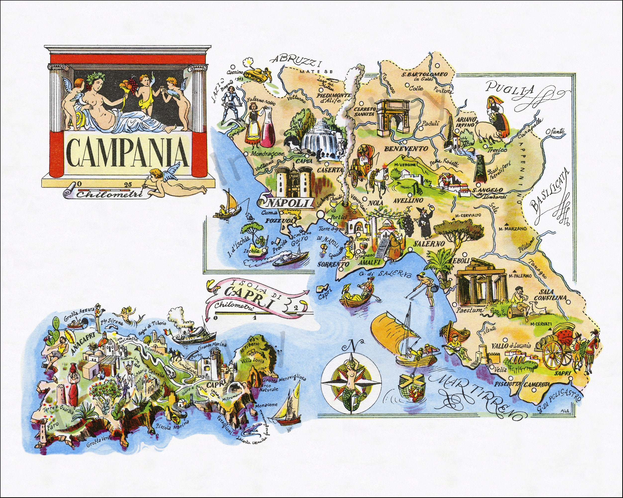 Fun Map of Campania in Italy Vintage Pictorial Whimsical Cartoon Old ...