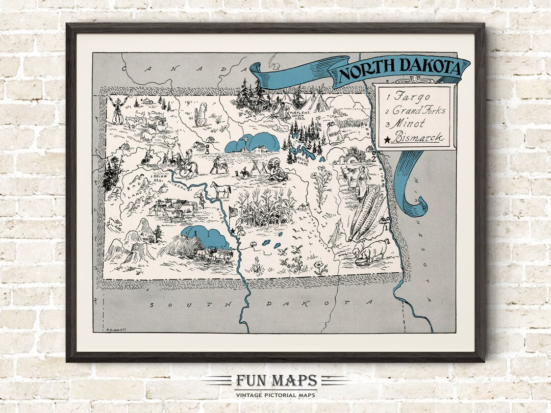 Fun Map of North Dakota – Vintage Pictorial Whimsical Cartoon Print ...