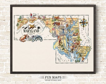 Fun State Map of Minnesota – Vintage Pictorial Whimsical Cartoon Print ...
