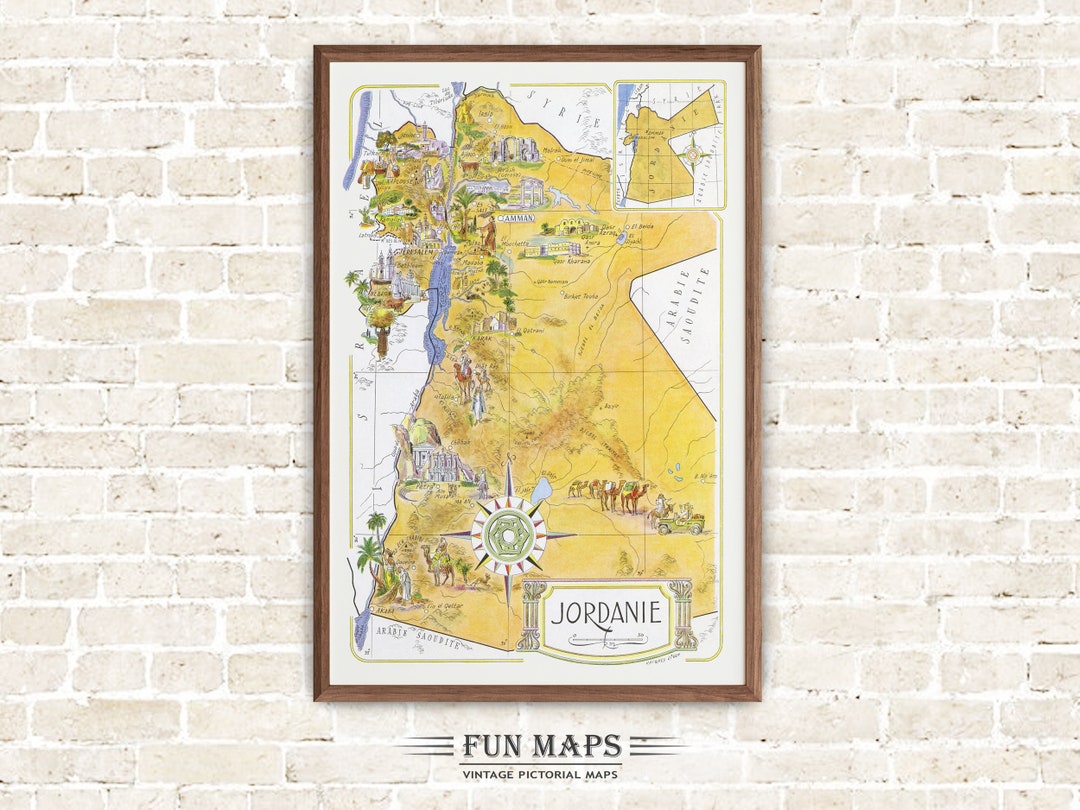 Old Map of Jordan in the Middle East, Vintage Pictorial Cartoon Print ...
