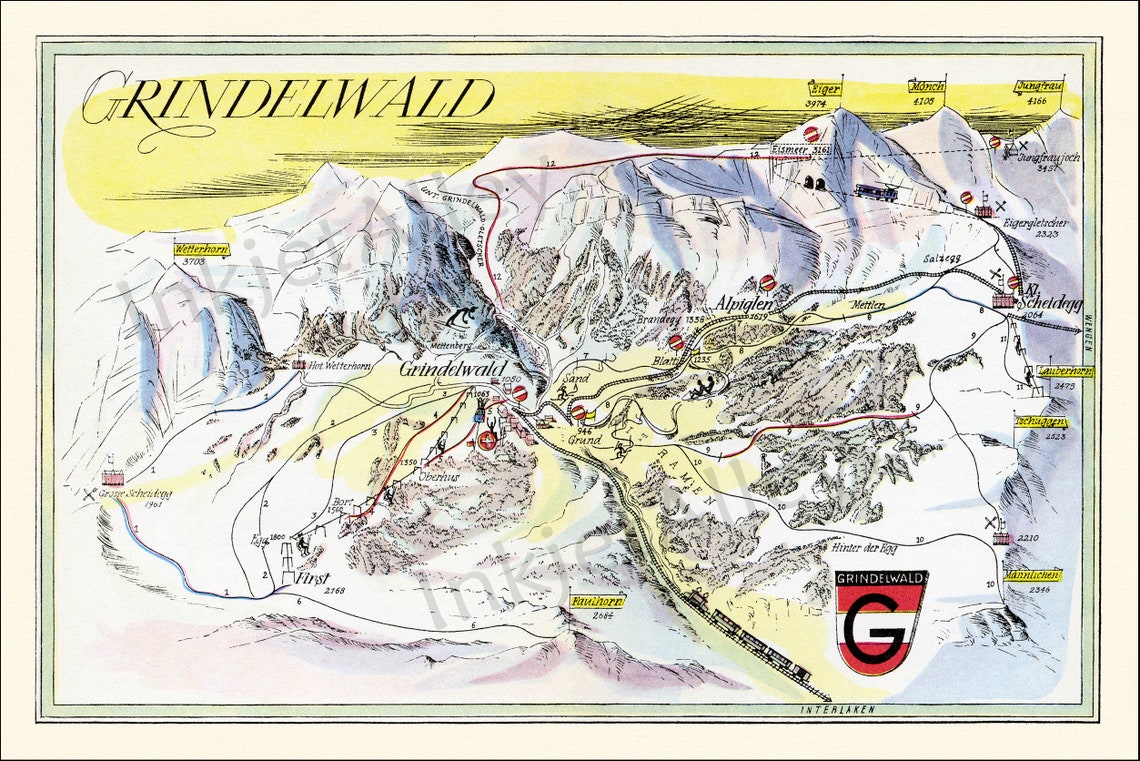 Fun Ski Run Trail Map of Grindelwald in the Swiss Alps, Switzerland ...