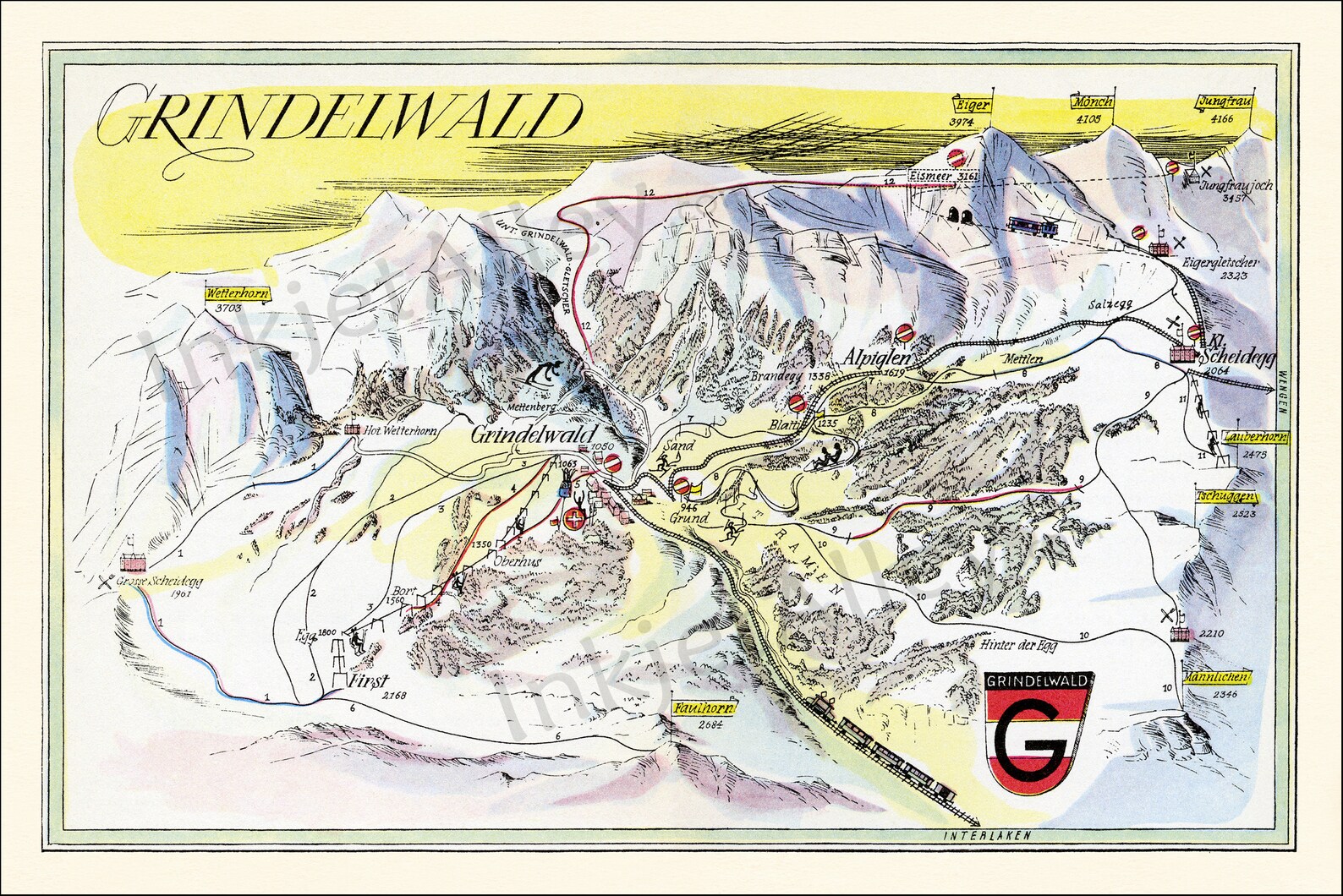 Fun Ski Run Trail Map of Grindelwald in the Swiss Alps, Switzerland ...