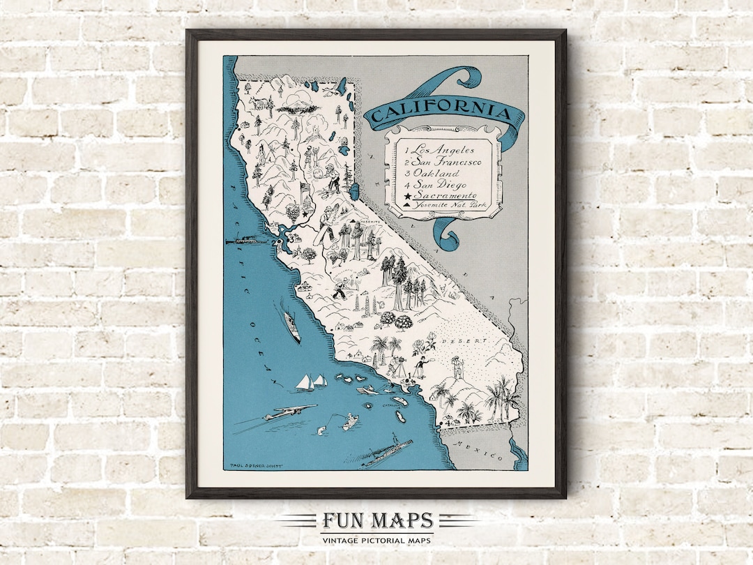Fun Map of California – Vintage Pictorial Whimsical Cartoon Print ...
