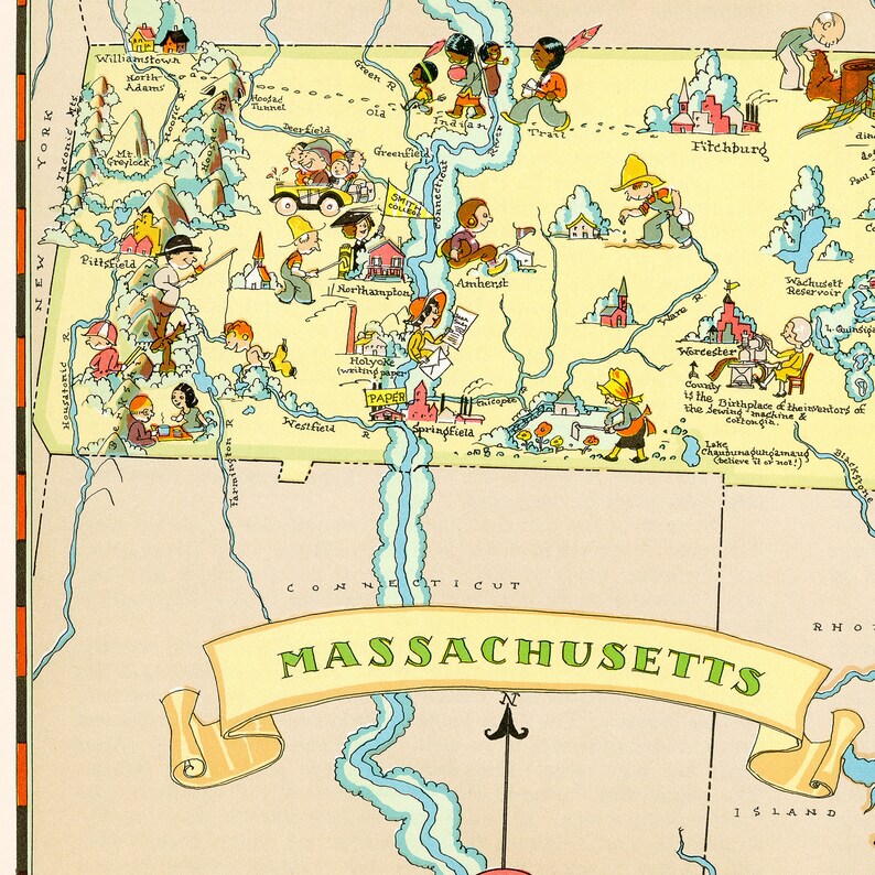 Fun State Map of Massachusetts - Vintage Pictorial Whimsical Cartoon ...