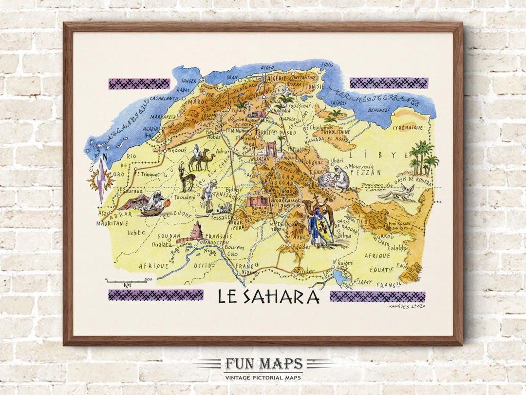 Fun Map of the Sahara Vintage Pictorial Whimsical Cartoon Old Print ...