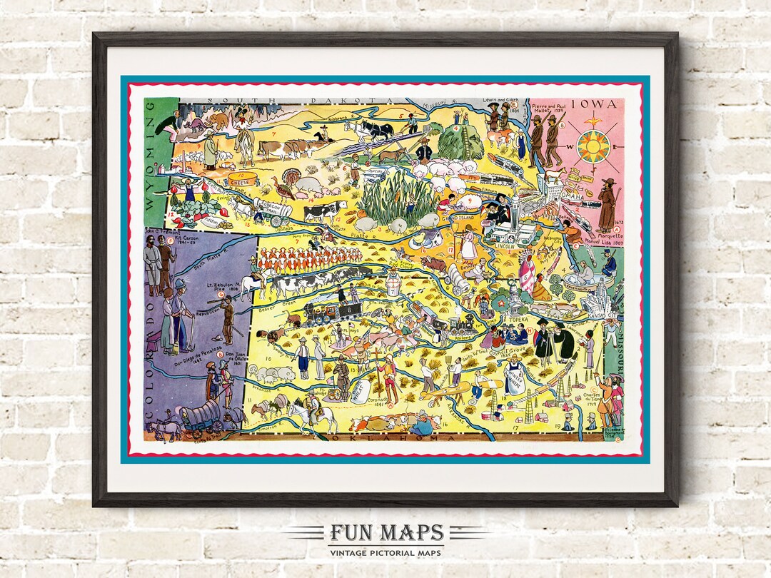 Vintage State Map of Kansas & Nebraska – Pictorial Whimsical Print ...