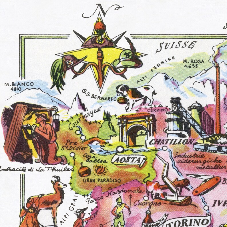 Fun Map of Piedmont in Italy Vintage Pictorial Whimsical Cartoon Old ...