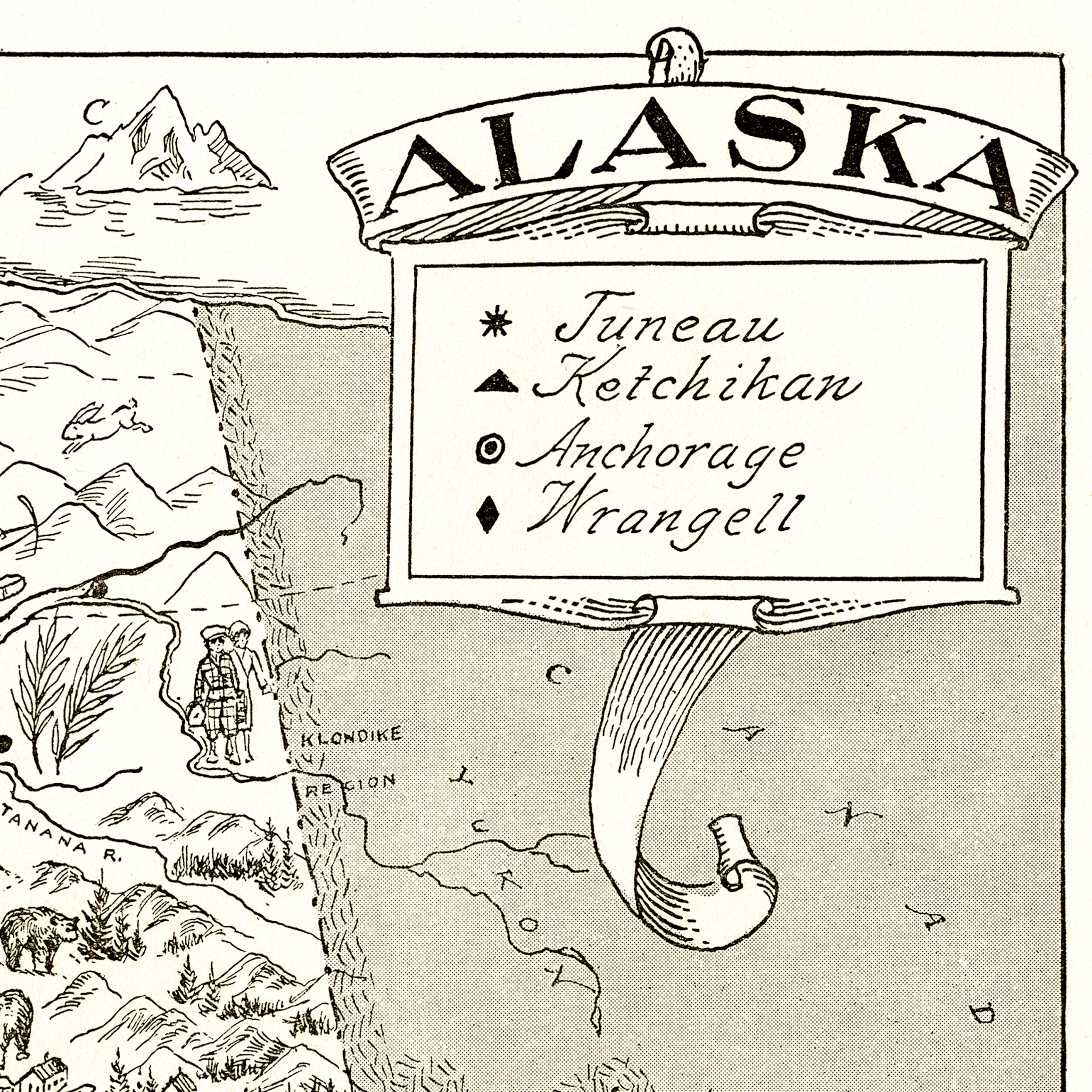 Vintage State Map of Alaska Fun Pictorial Whimsical Cartoon Print ...