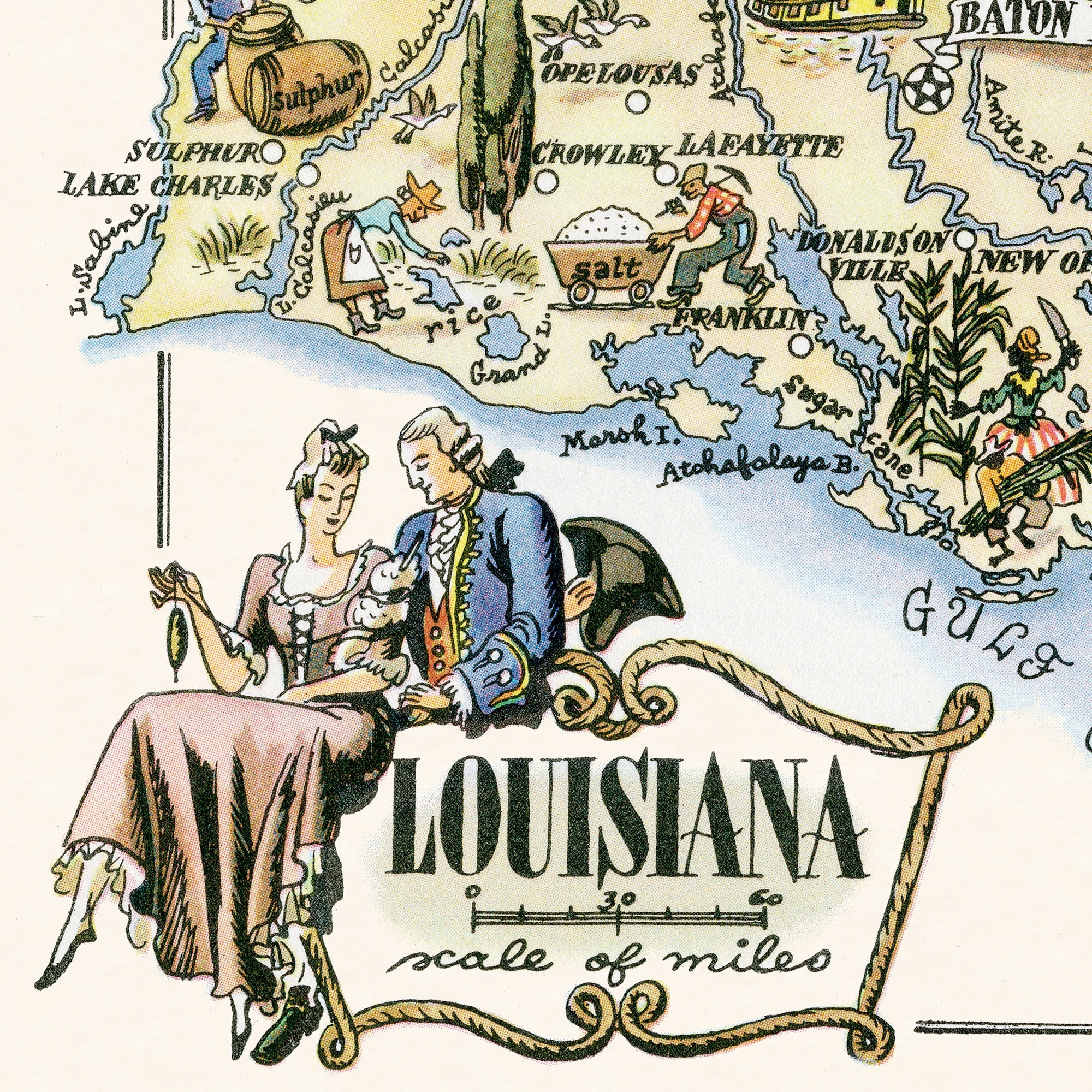 Fun State Map of Louisiana – Vintage Pictorial Whimsical Cartoon Print ...