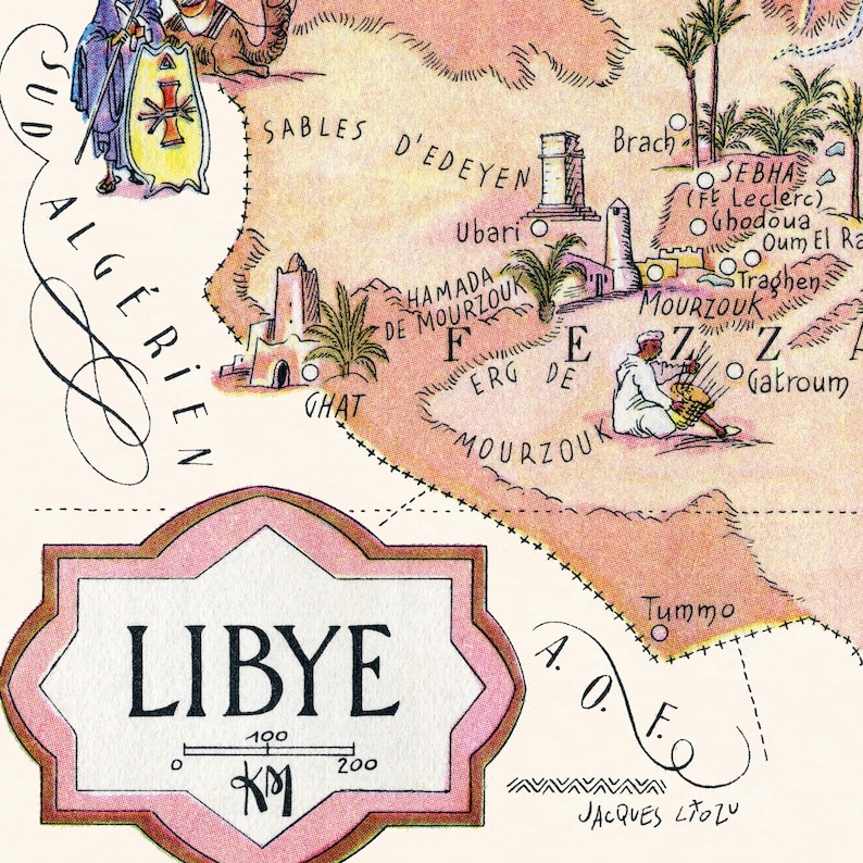 Fun Map of Libya in North Africa Vintage Pictorial Whimsical Cartoon ...