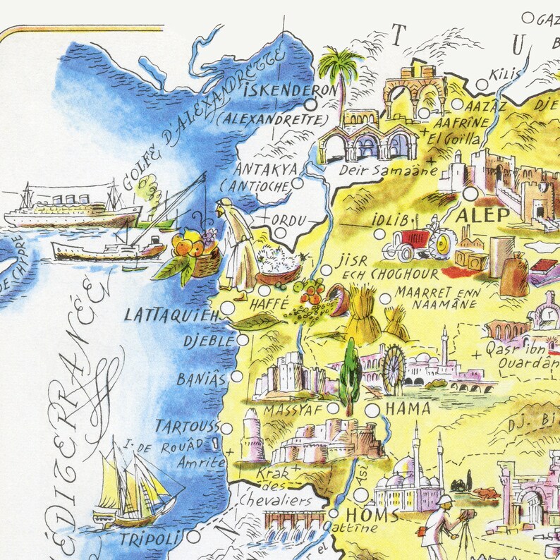 Old Map of Syria in the Middle East, Vintage 1940s Pictorial Cartoon ...