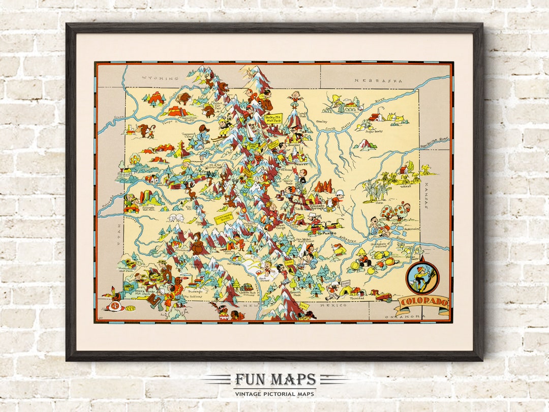 Fun State Map of Colorado – Vintage Pictorial Whimsical Cartoon Print ...