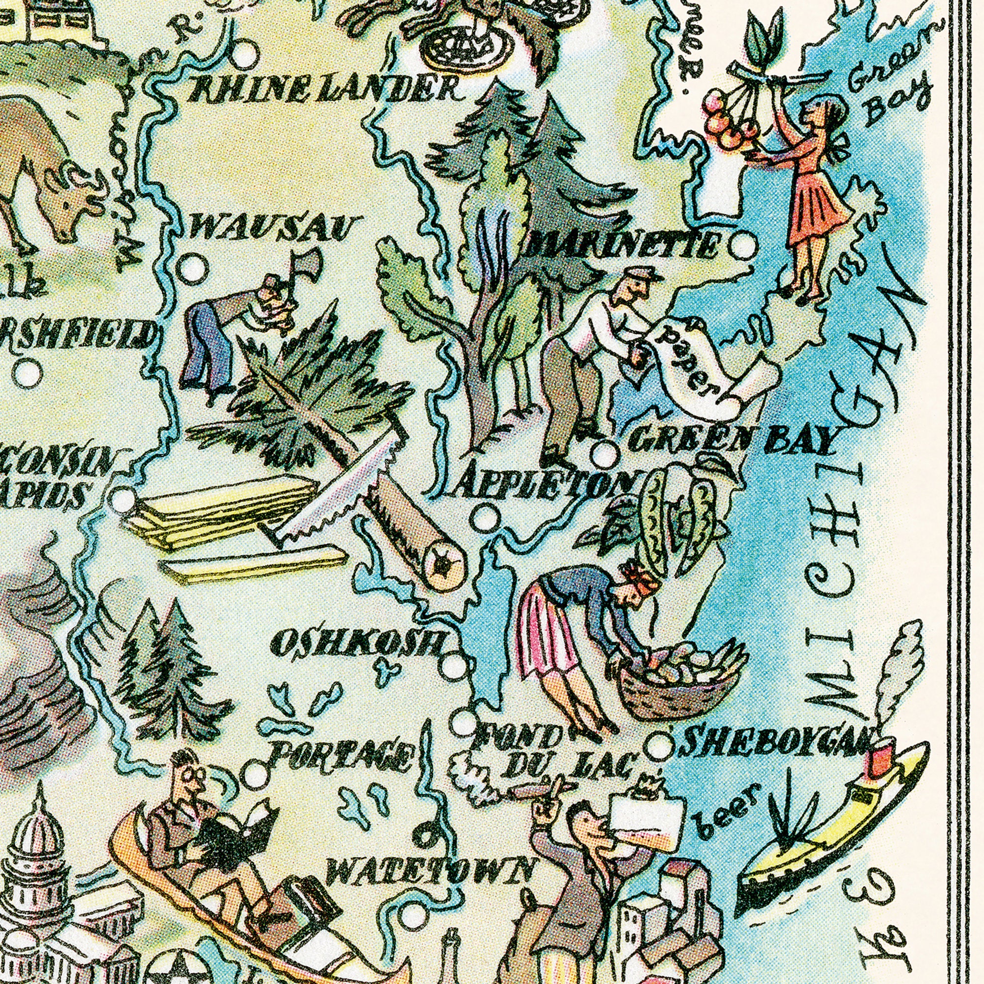 Fun State Map of Wisconsin – Vintage Pictorial Whimsical Cartoon Print ...