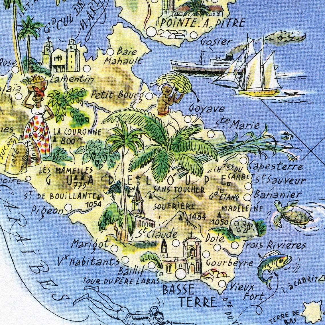 Fun Map of Guadeloupe in the Caribbean – Vintage Pictorial Whimsical ...