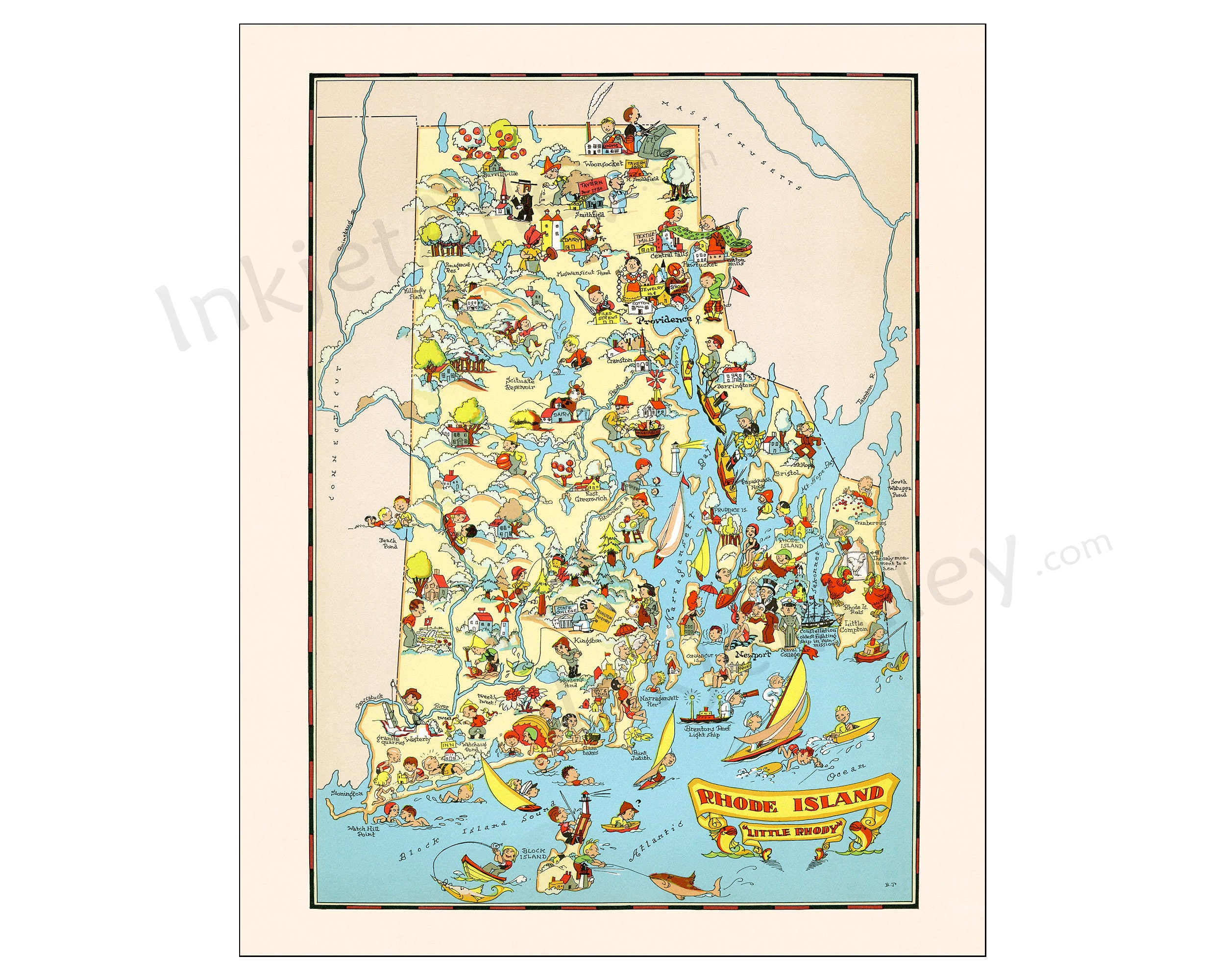 Fun State Map of Rhode Island Vintage Pictorial Whimsical Cartoon Print ...