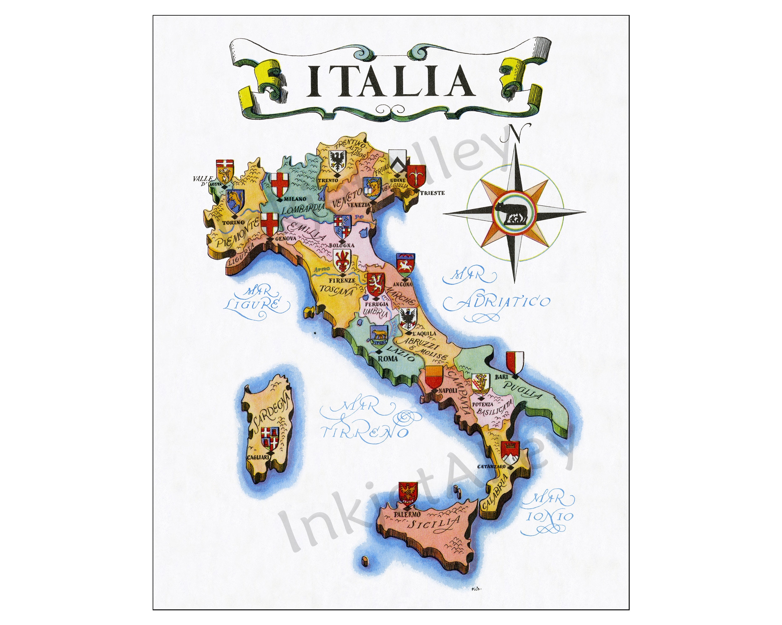 Fun Map of Italia or Aka Italy Vintage Pictorial Whimsical Cartoon Old ...