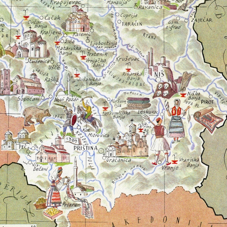 Old Map of Serbia in Europe Vintage Pictorial Whimsical Cartoon Print ...