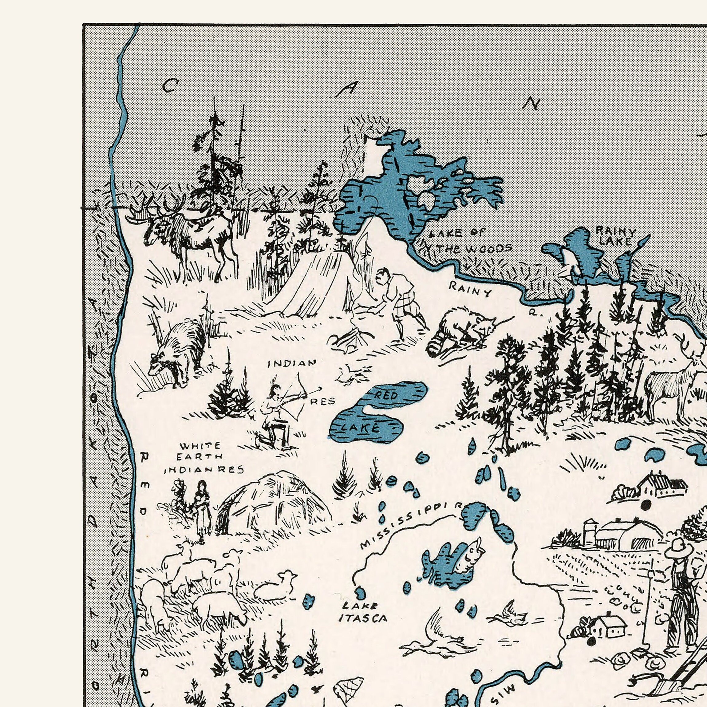 Fun Map of Minnesota Vintage Pictorial Whimsical Cartoon Print ...