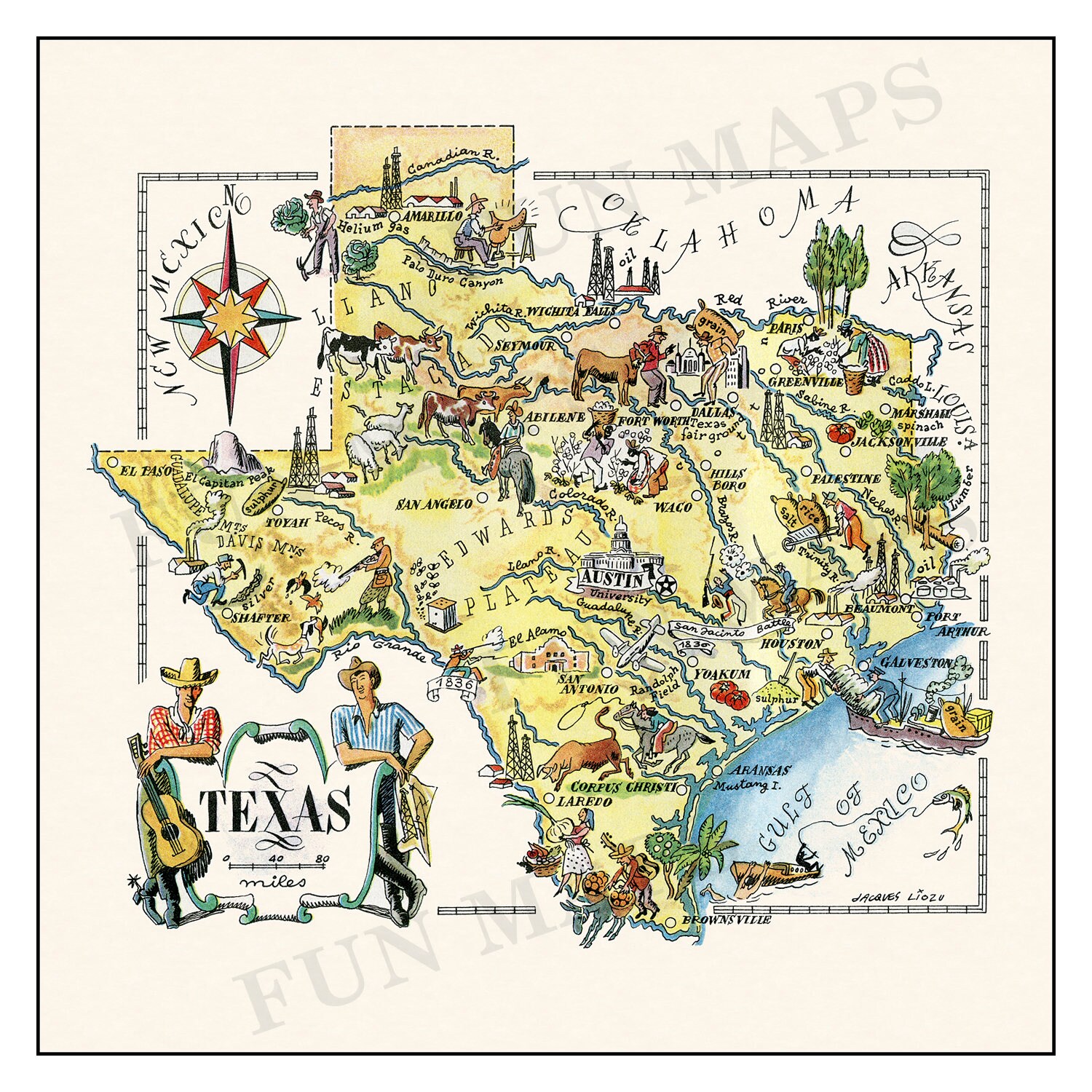 Pictorial Map of Texas colorful fun illustration of vintage | Etsy