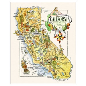 Fun State Map of California – Vintage Pictorial Whimsical Cartoon Print ...