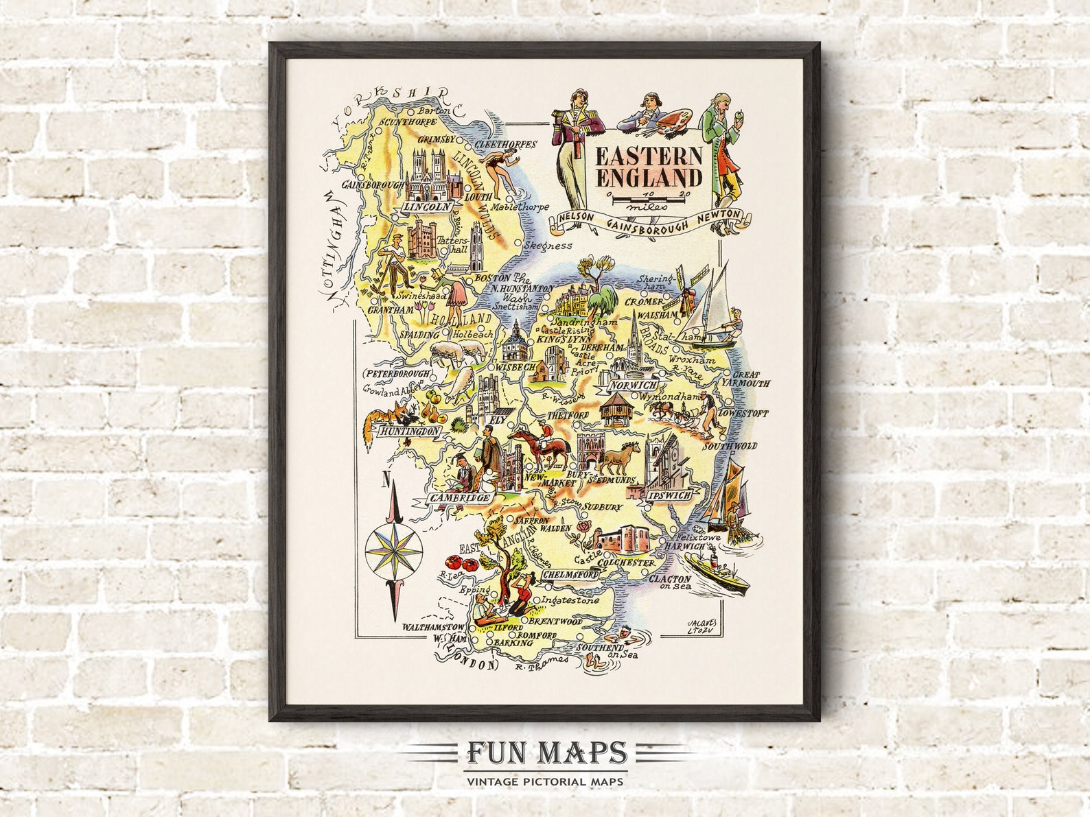 Fun Map of Eastern England in Great Britain, England, UK, Vintage ...
