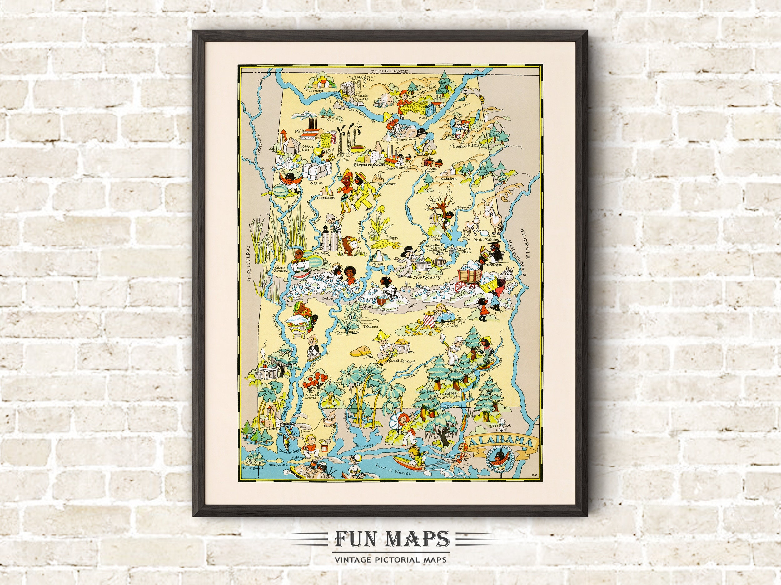 Fun State Map of Alabama Vintage Pictorial Whimsical Cartoon Print ...