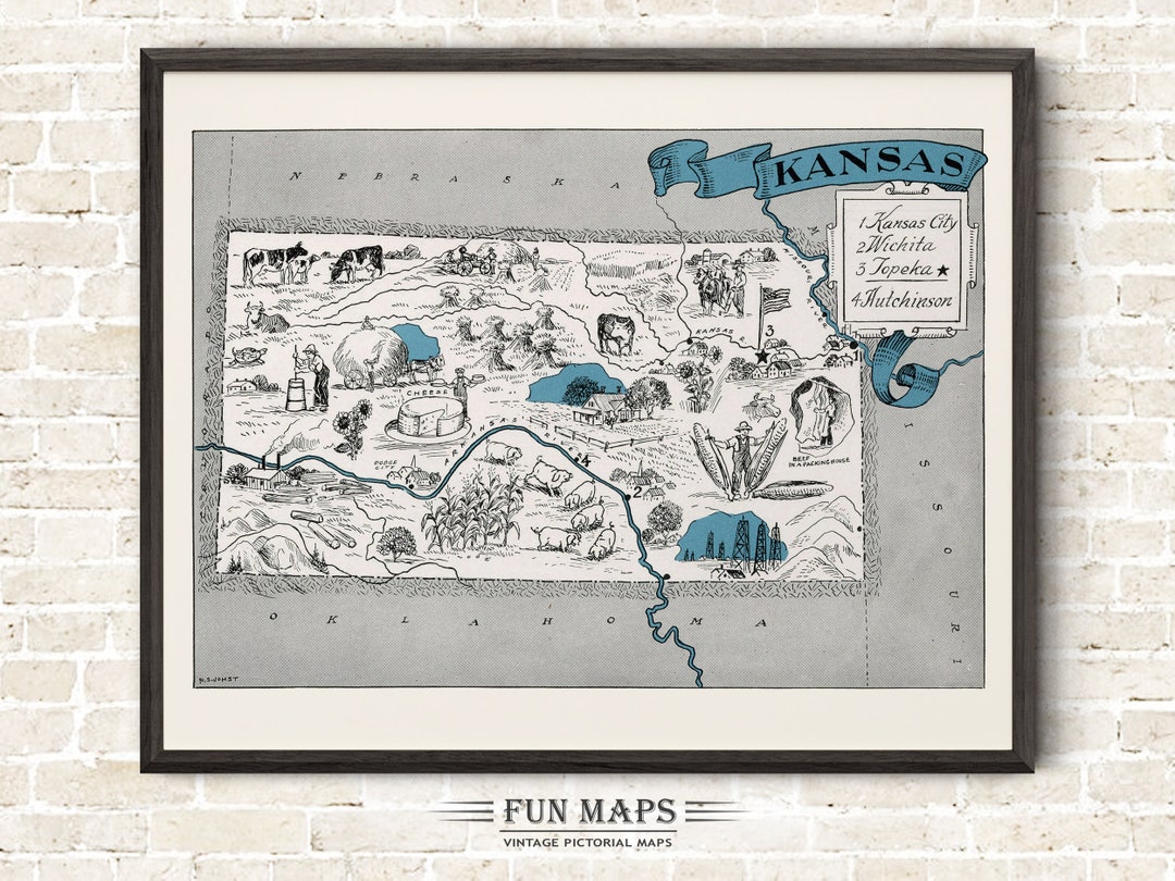 Fun Map of Kansas – Vintage Pictorial Whimsical Cartoon Print ...