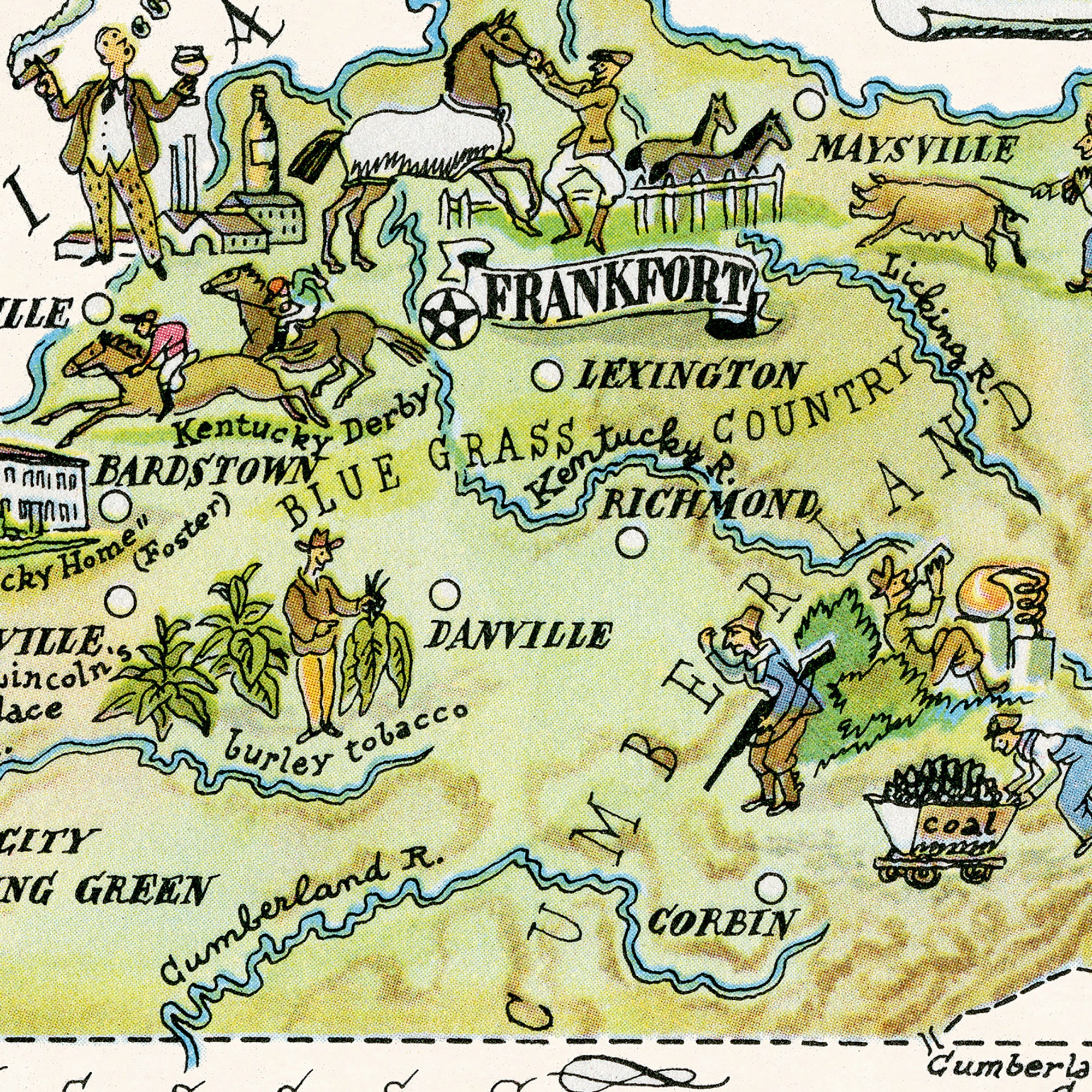 Fun State Map of Kentucky Vintage Pictorial Whimsical Cartoon Print ...