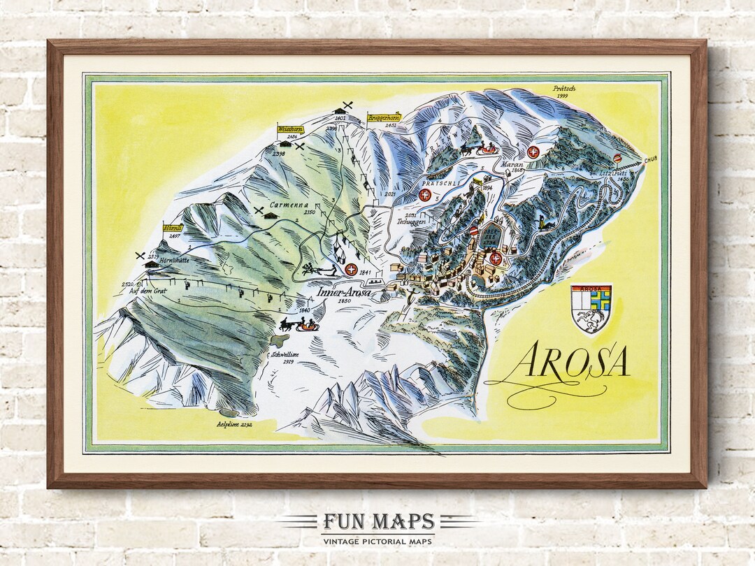 Fun Ski Run Trail Map of Arosa in the Swiss Alps, Switzerland, Vintage ...