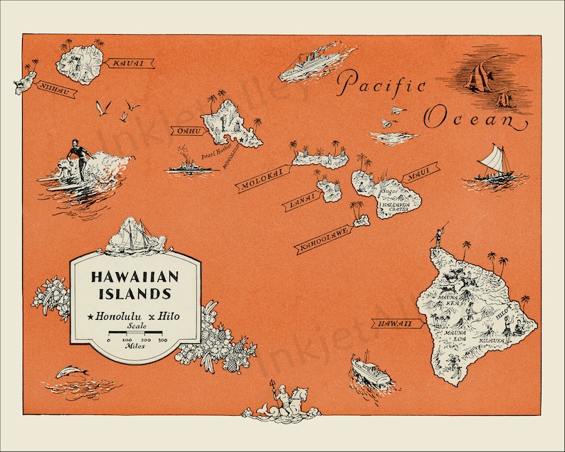 Map of the Hawaiian Islands – Fun Vintage Pictorial Animated Cartoon ...