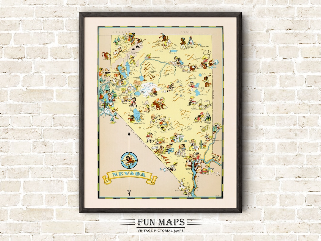 Fun State Map of Nevada – Vintage Pictorial Whimsical Cartoon Print ...