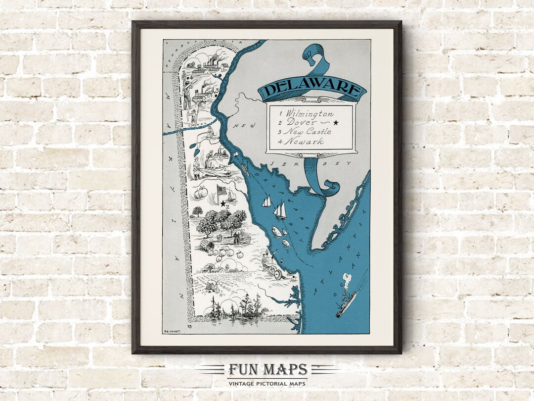 Fun Map of Delaware – Vintage Pictorial Whimsical Cartoon Print ...