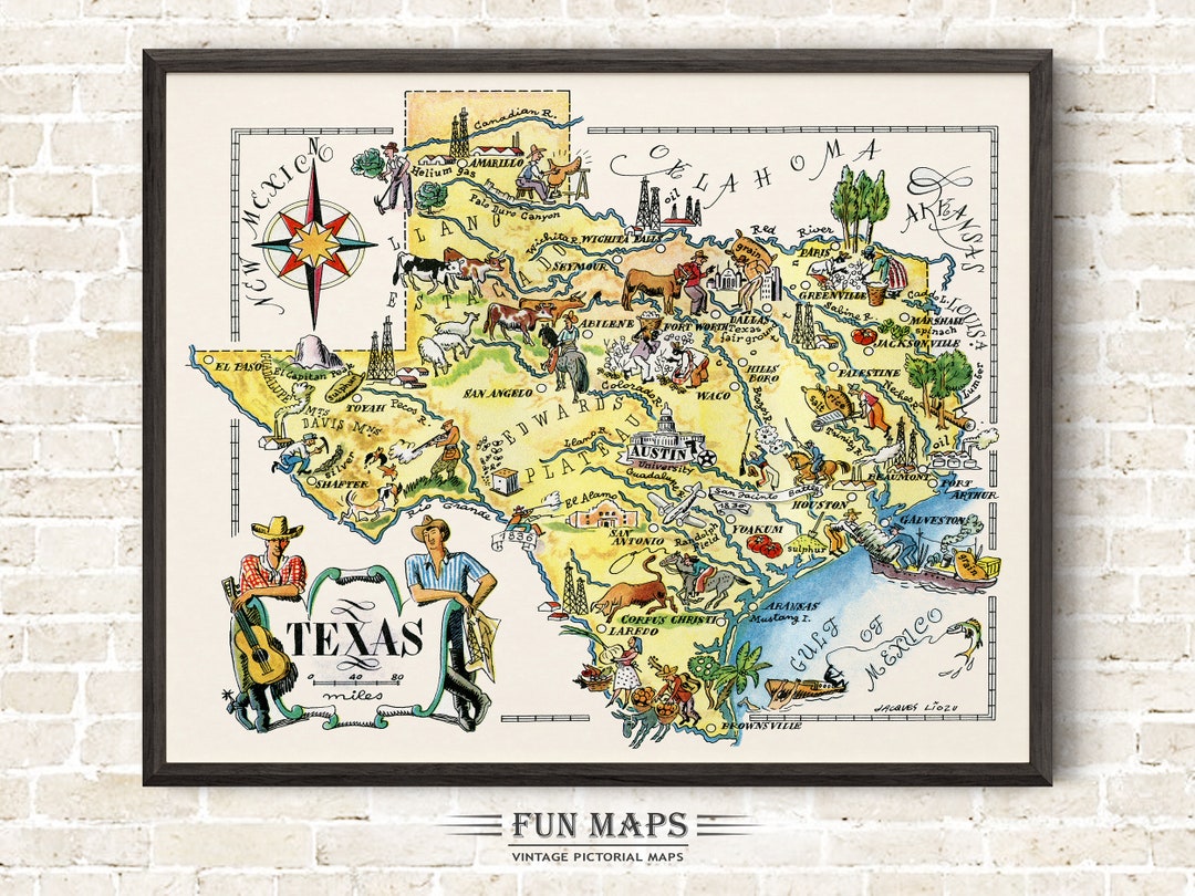 Fun State Map of Texas – Vintage Pictorial Whimsical Cartoon Print ...