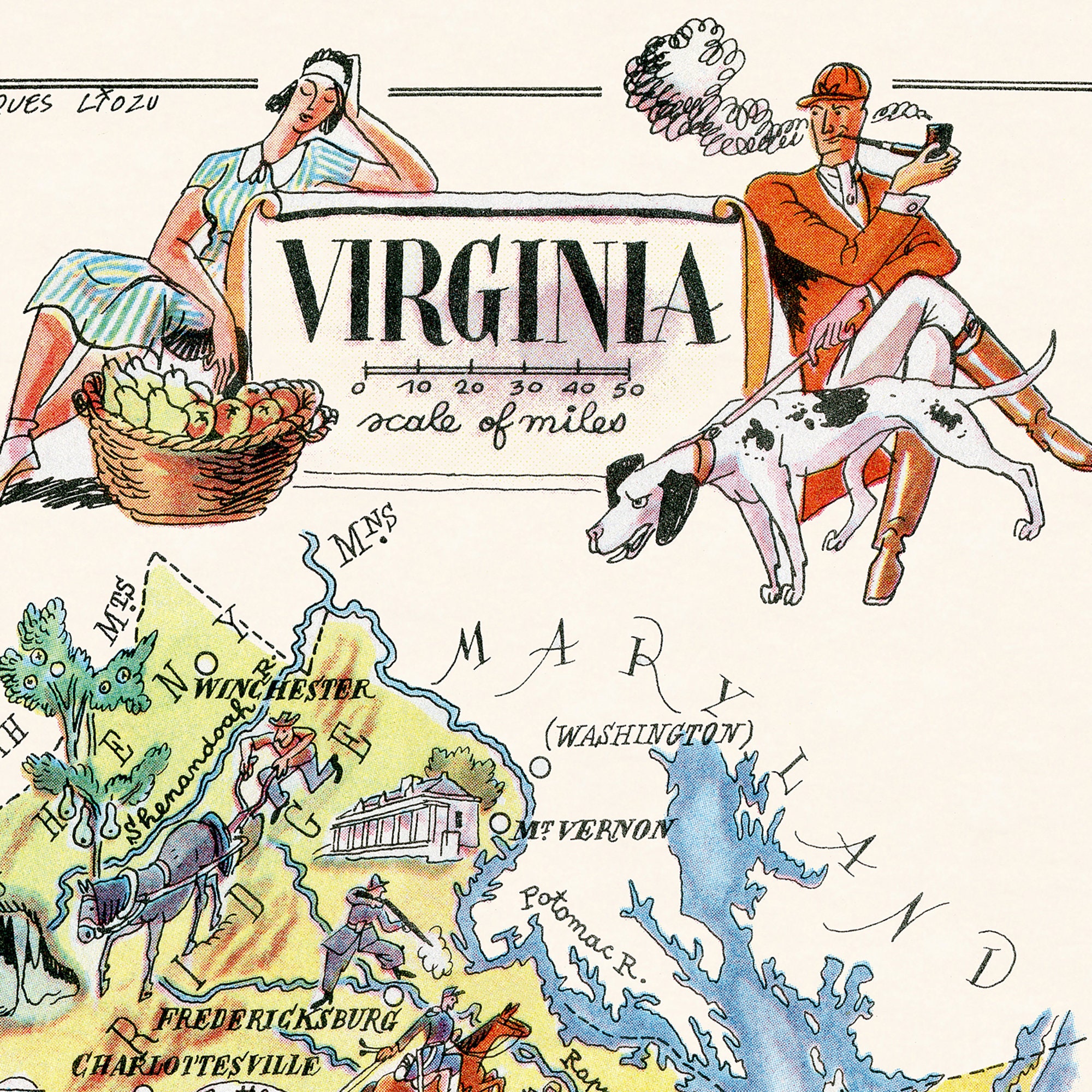 Fun State Map of Virginia – Vintage Pictorial Whimsical Cartoon Print ...
