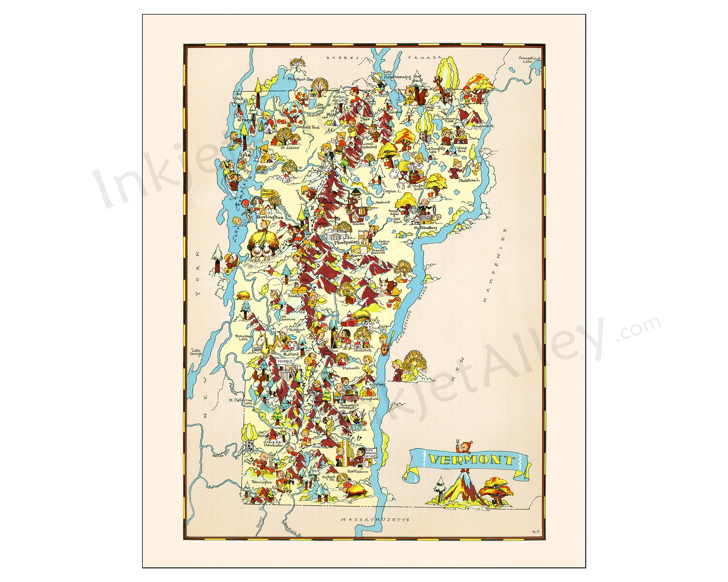 Fun State Map of Vermont – Vintage Pictorial Whimsical Cartoon Print ...
