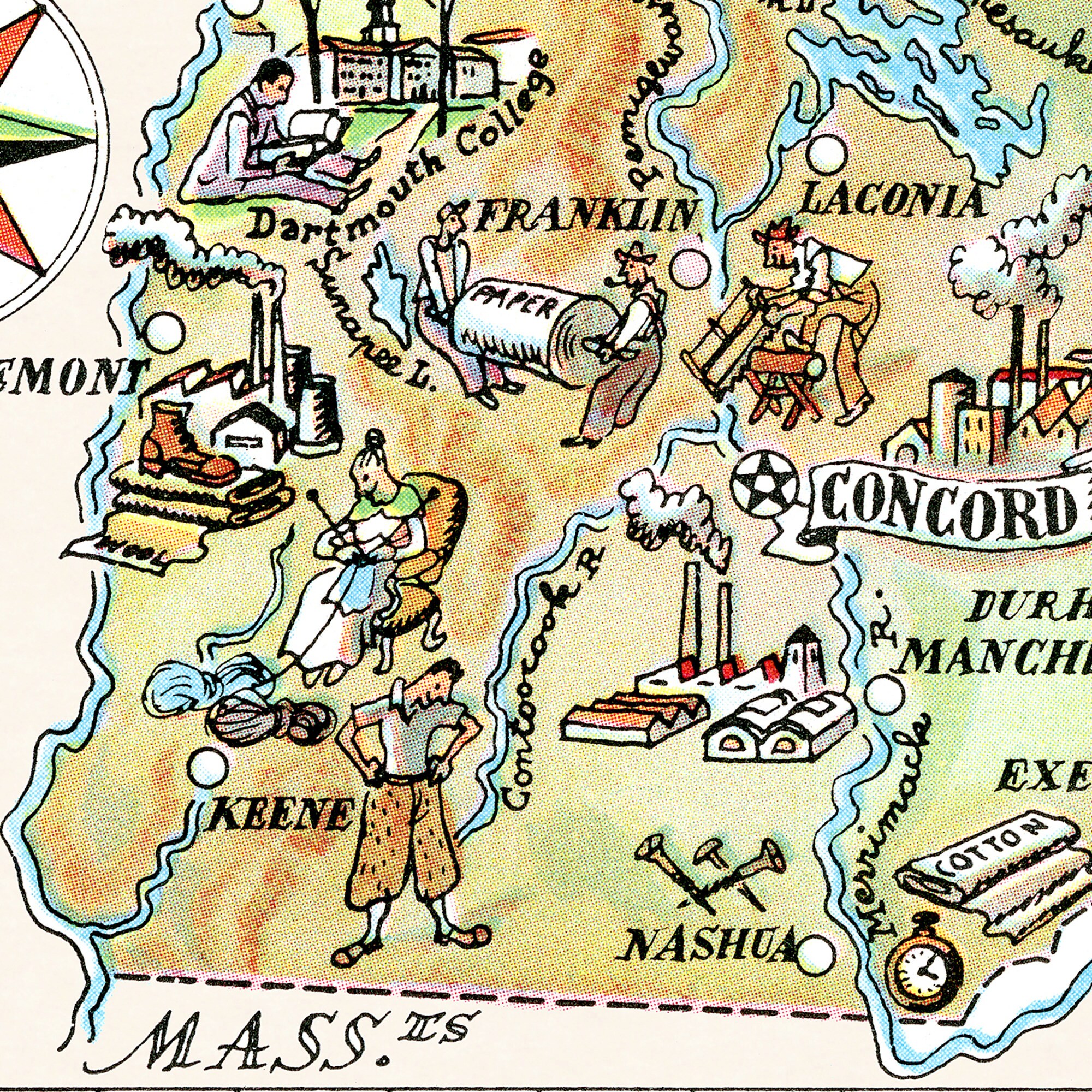 Fun State Map of New Hampshire Vintage Pictorial Whimsical Cartoon ...