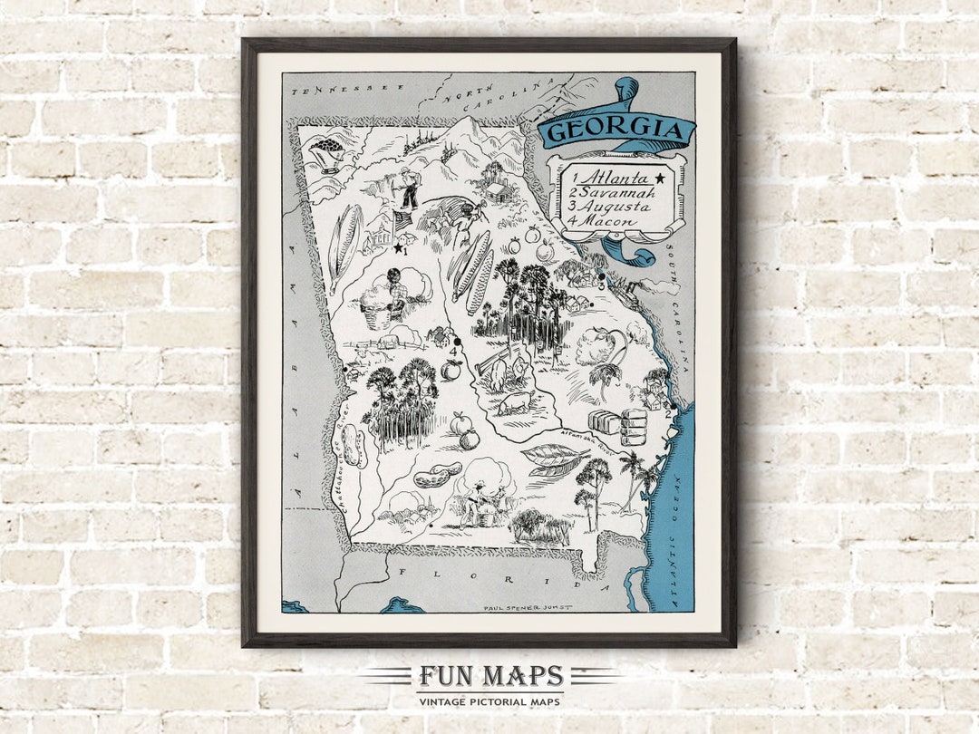 Fun Map of Georgia – Vintage Pictorial Whimsical Cartoon Print ...