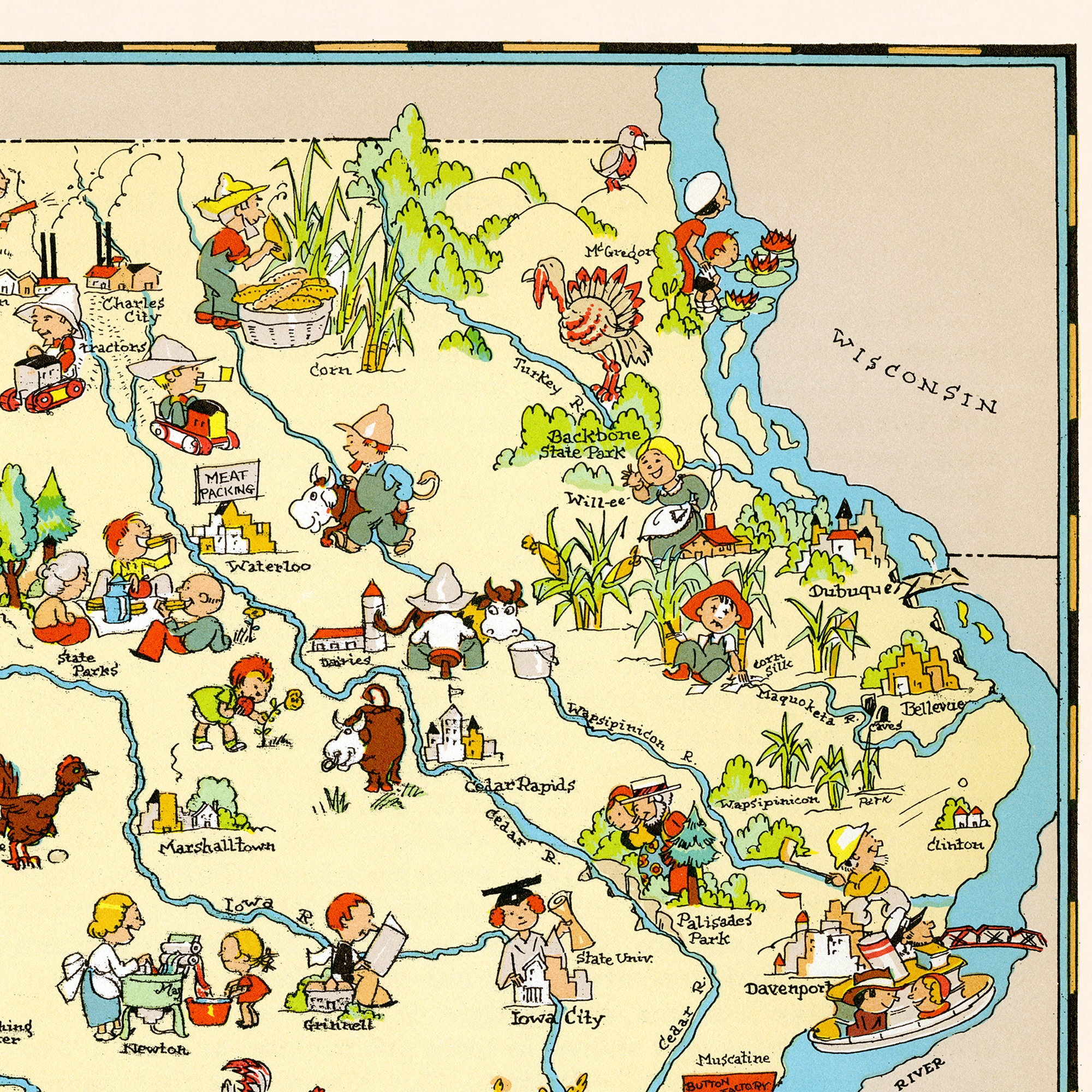 Fun State Map of Iowa – Vintage Pictorial Whimsical Cartoon Print ...