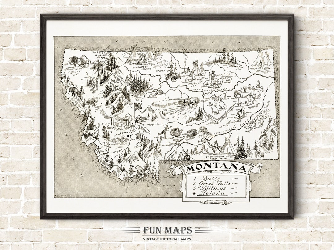 Vintage State Map of Montana – Fun Pictorial Whimsical Cartoon Print ...