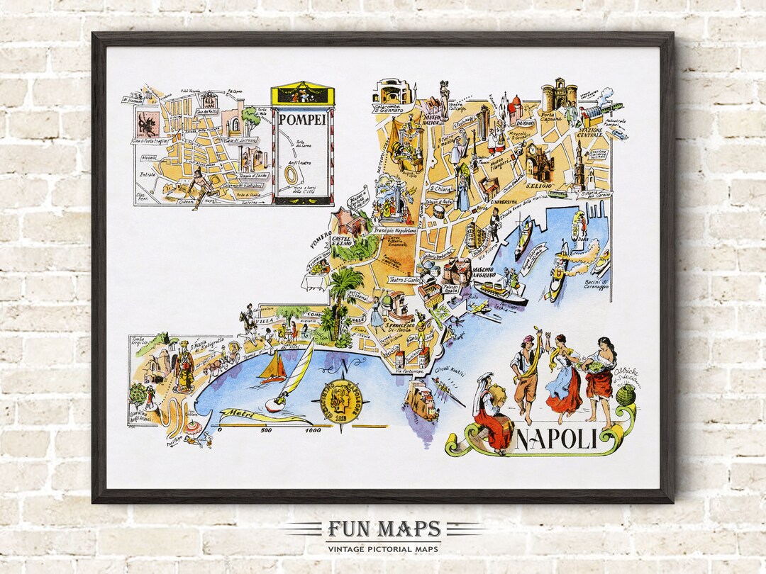 Fun Map of Naples in Italy Vintage Pictorial Whimsical Cartoon Old ...