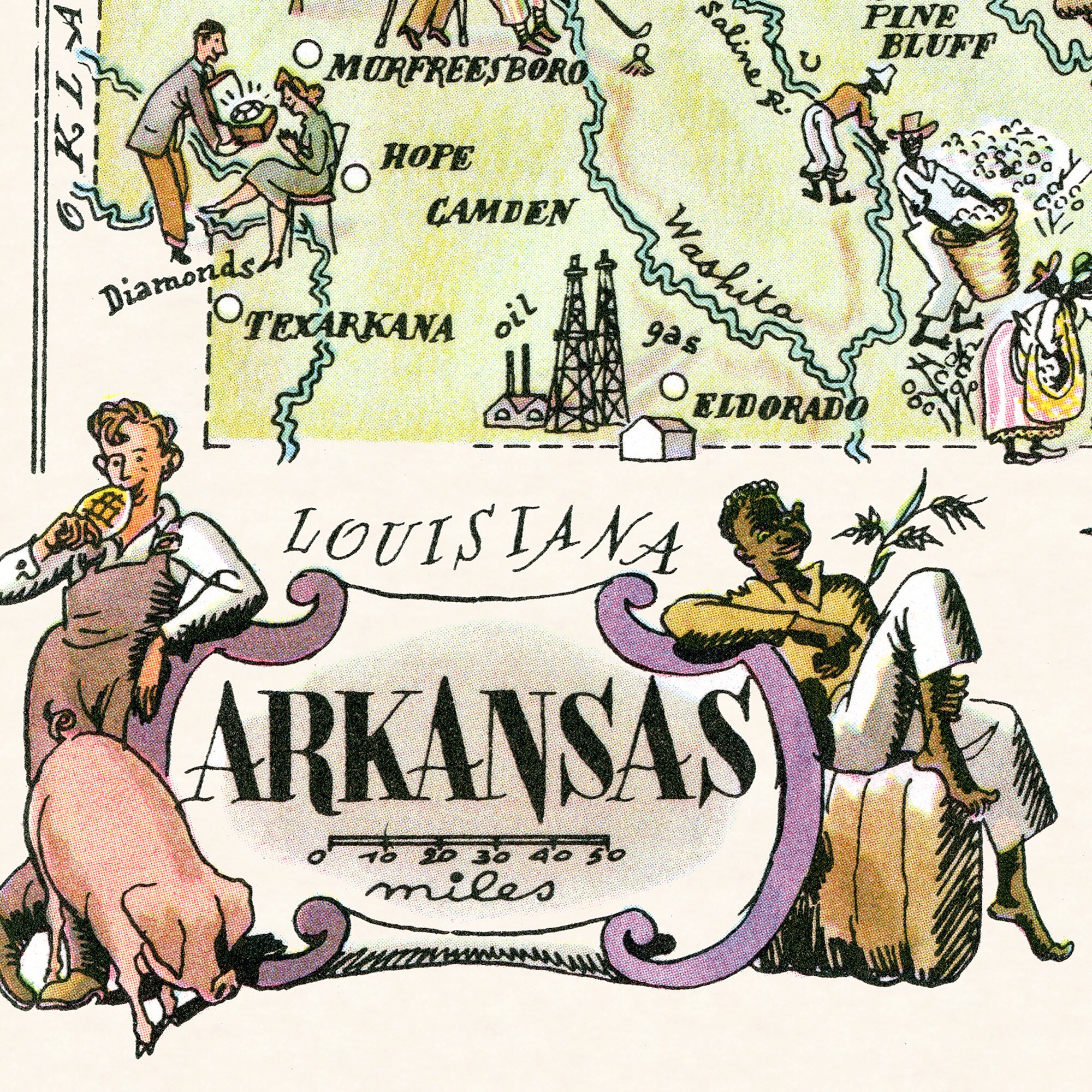 Fun State Map of Arkansas Vintage Pictorial Whimsical Cartoon Print ...
