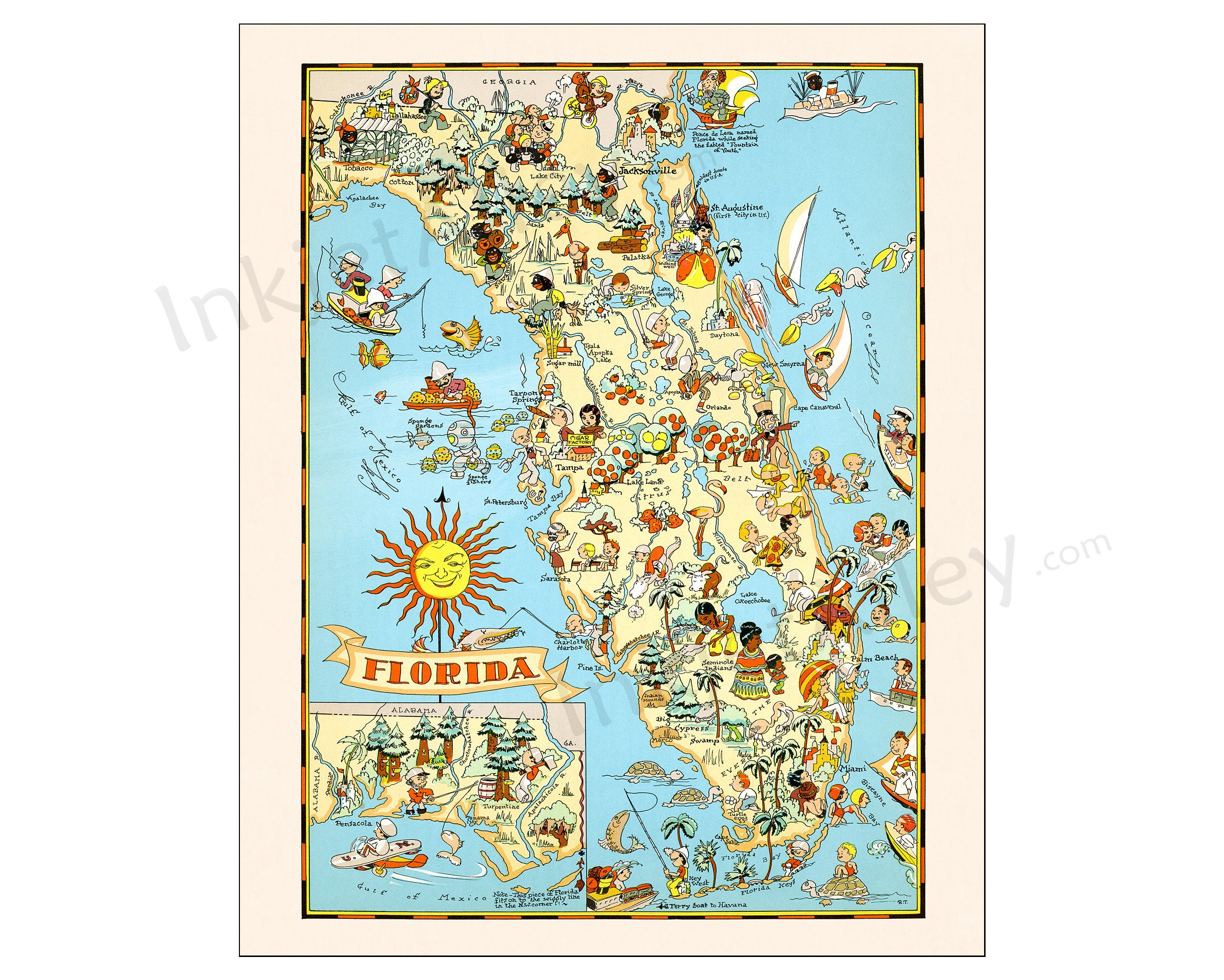 Fun State Map of Florida Vintage Pictorial Whimsical Cartoon Print ...