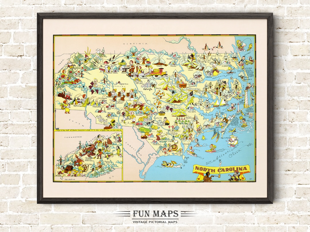 Fun State Map of North Carolina – Vintage Pictorial Whimsical Cartoon ...
